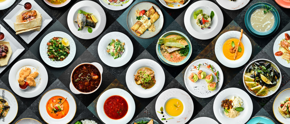 various different types of restaurant menu dishes in plates. Photo ...