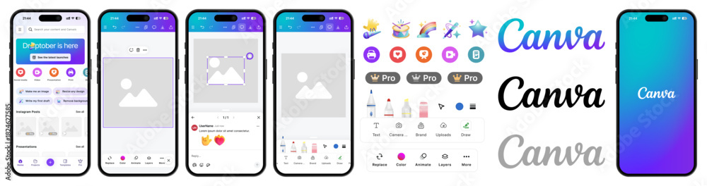 Stock-Vektorgrafik „Vector UI screens of the Canva mobile app including ...