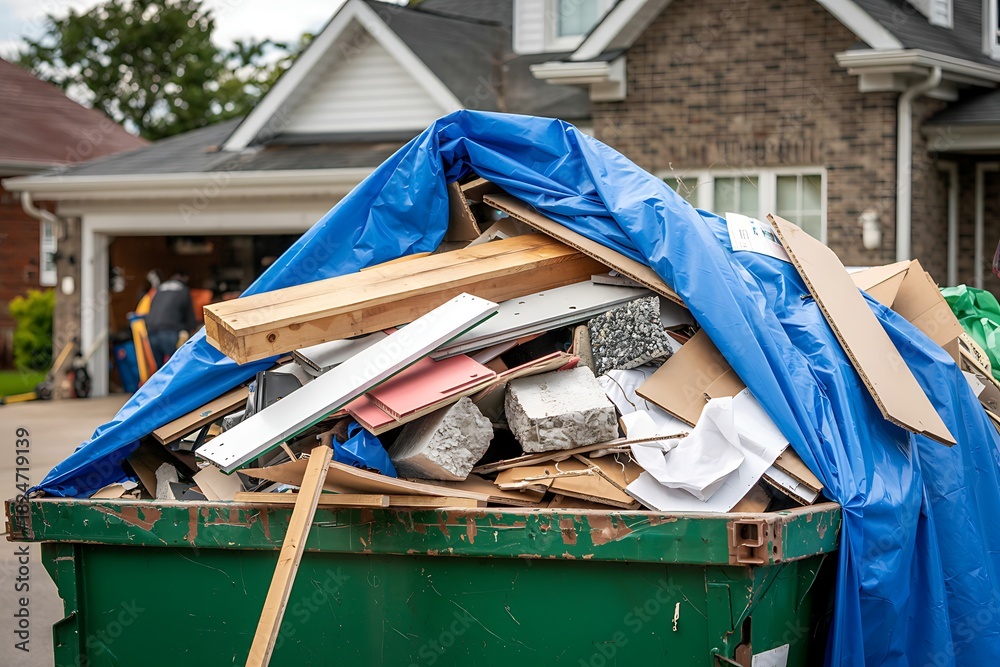 Large green dumpster overflowing with construction debris and household ...