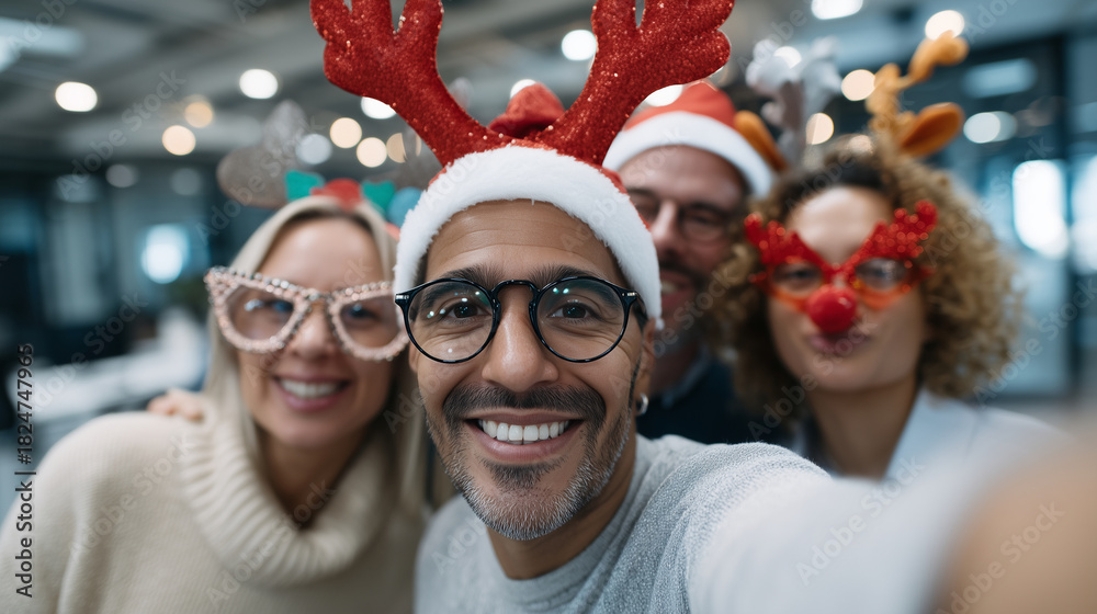 Faceless team taking selfie with Christmas props, defocused lights ...