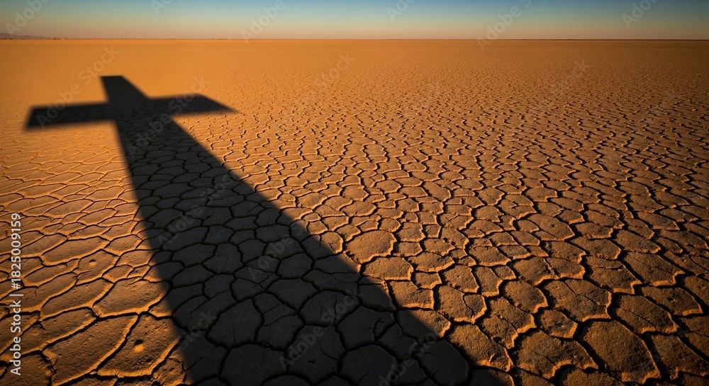 Shadow of a christian cross on a dry cracked desert floor. Religious ...