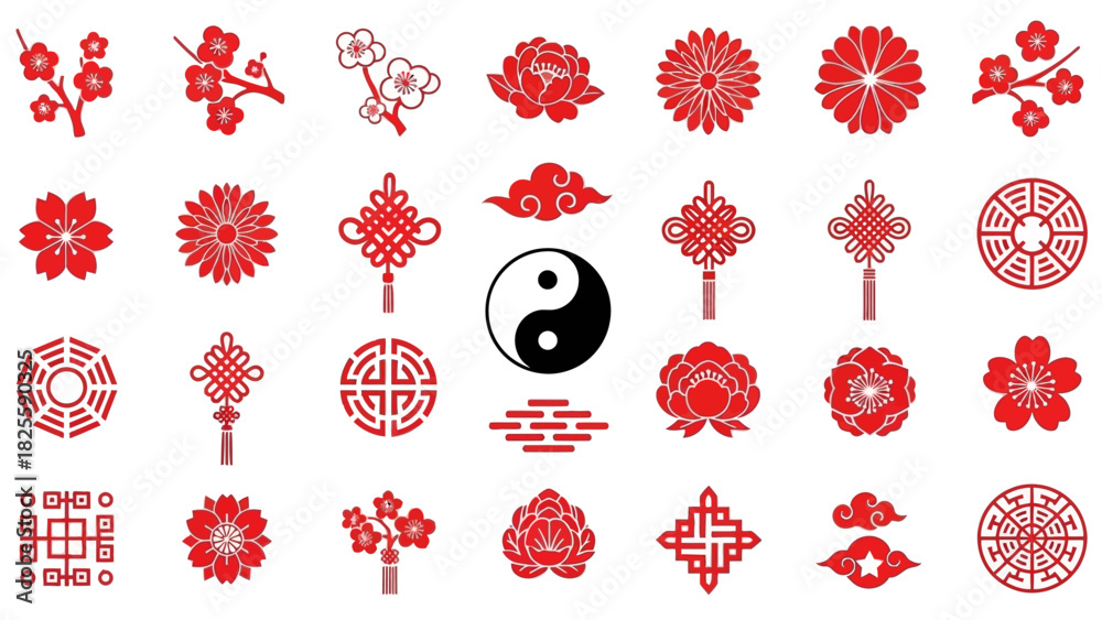 Traditional Chinese and Asian Symbol Icon Set Stock Vector | Adobe Stock