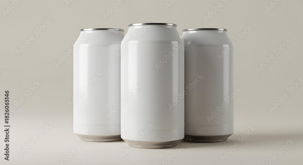 Three soda cans mockup arranged in a row with blank metallic labels ...