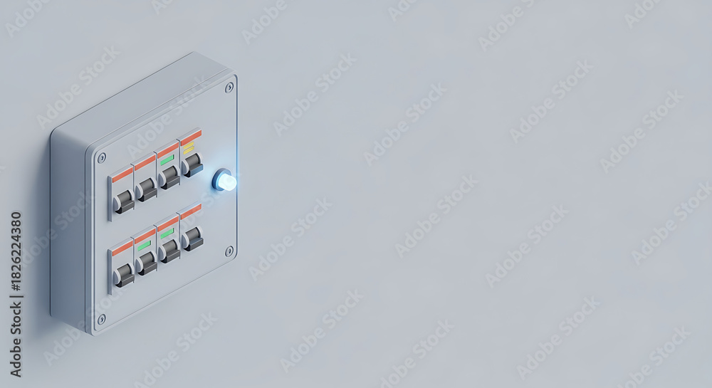 Electrical panel with circuit breakers against white wall in close-up ...
