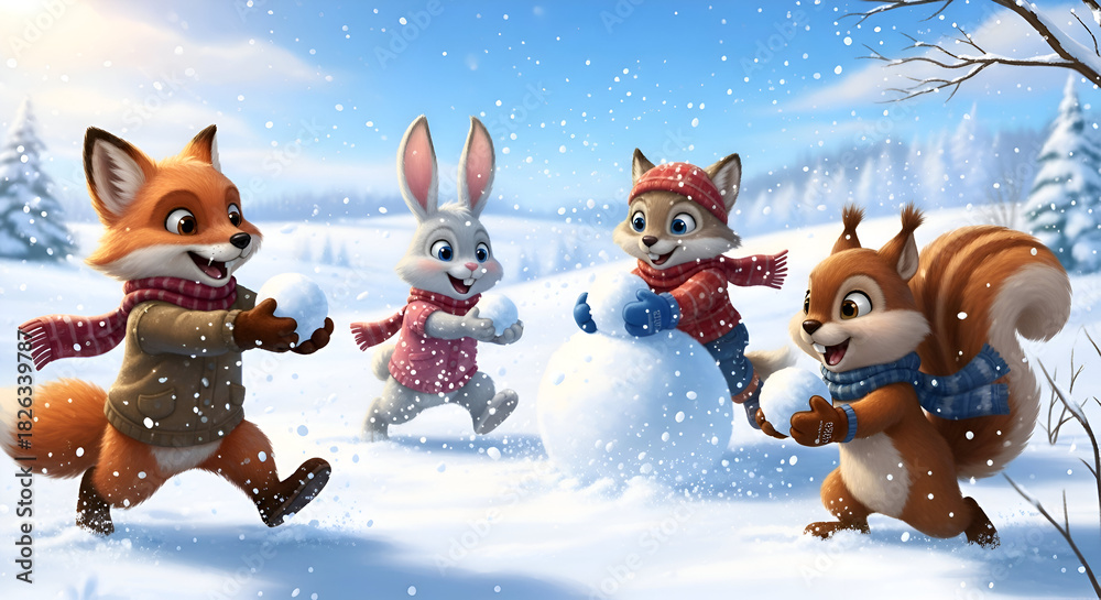 Cartoon animals playing in the snow, building a snowman, and having a ...