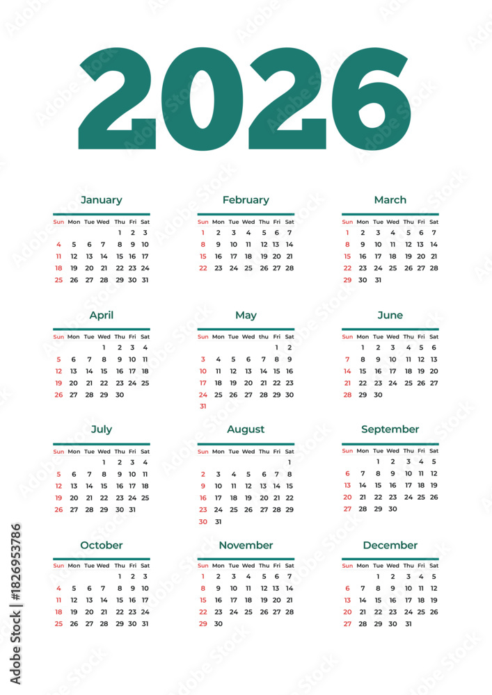 Neatly organized 2026 calendar with all months in grid layout, Sundays ...