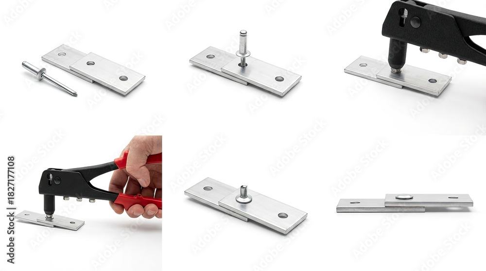Detailed process of riveting two metal plates using a hand-held rivet ...