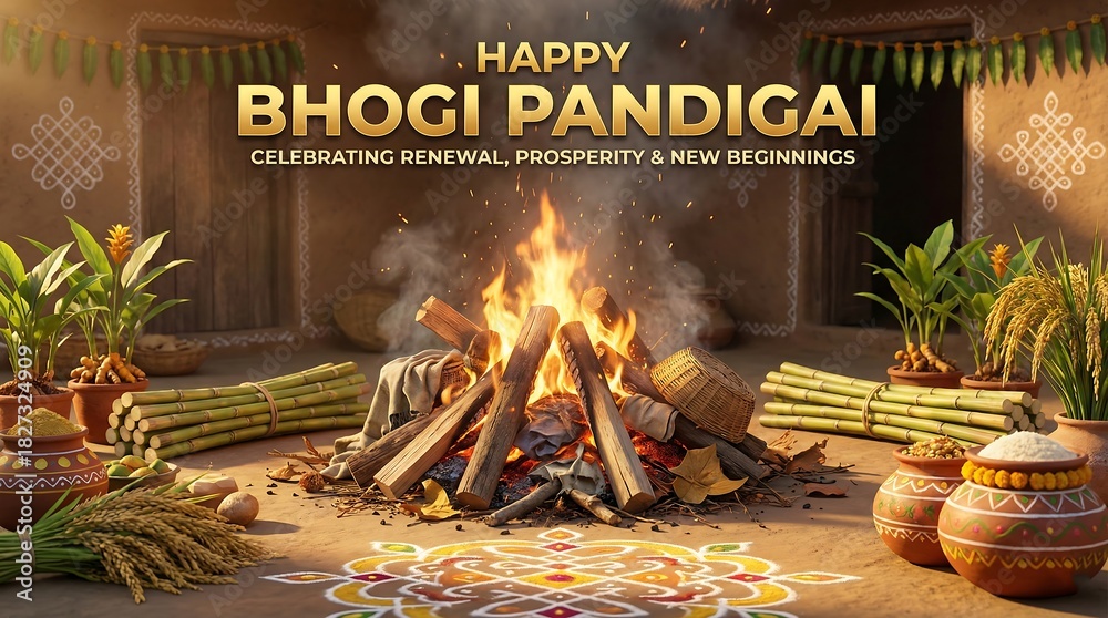 Happy bhogi pandigai festival celebration with bonfire and sugarcane ...