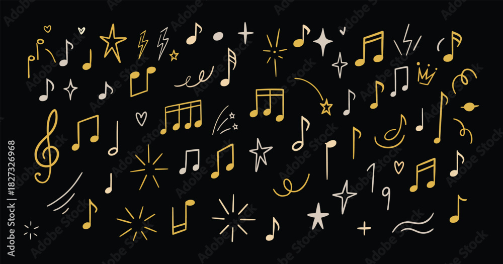 Vetor Handwriting golden and silver music notes, keys, symbols, sheet ...