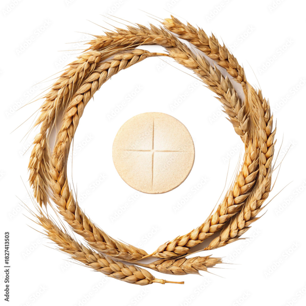 Golden wheat wreath framing communion host, a symbol of faith and ...