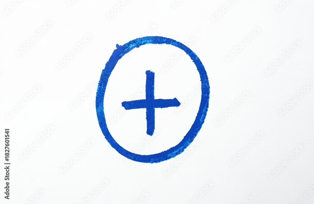 Blue plus sign drawn inside circle on white surface. Represents ...