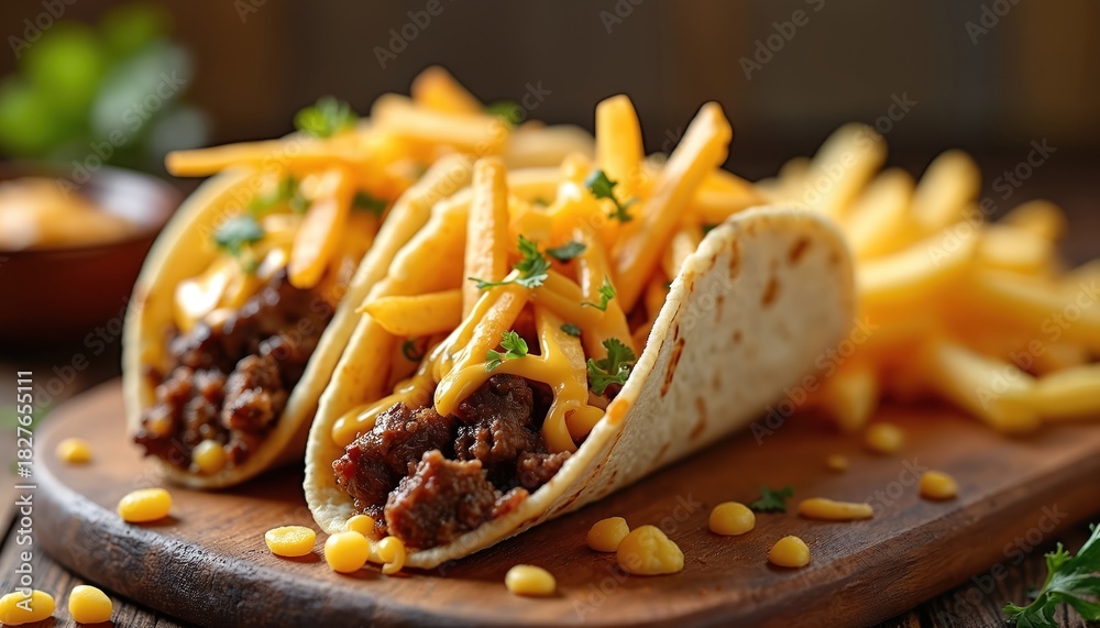 Two french tacos with beef, french fries, cheese on wooden board ...