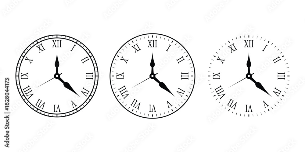 Classic Clock Face with Roman Numerals and Ornate outline icon. Black ...