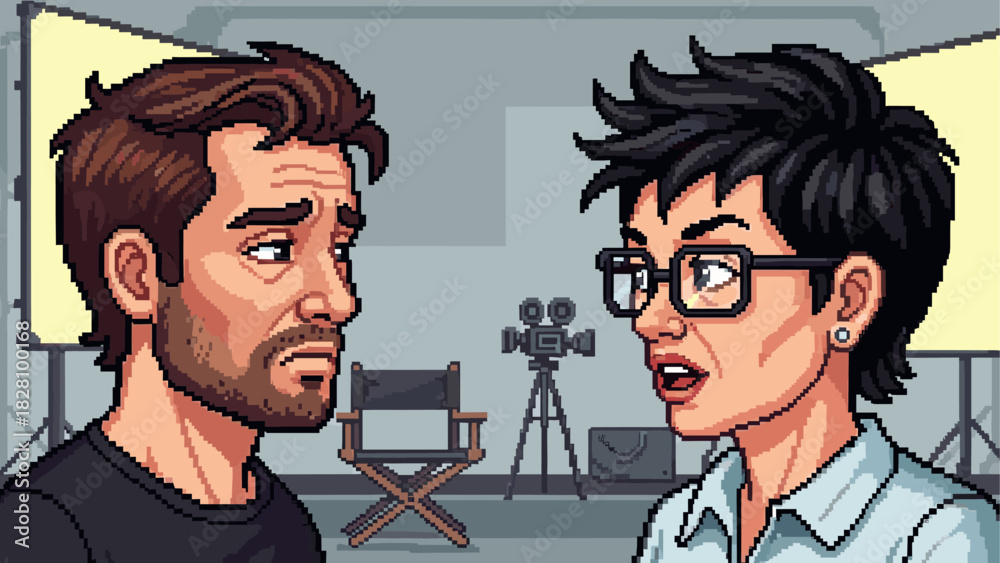 Pixel art illustration of a dejected male actor being reprimanded by an ...