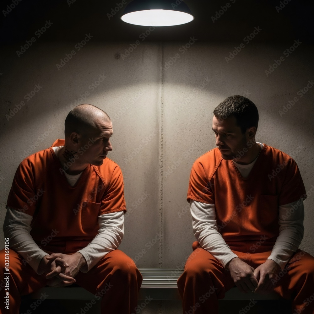 Two men in orange jumpsuits sitting in a dim interrogation room. Crime ...