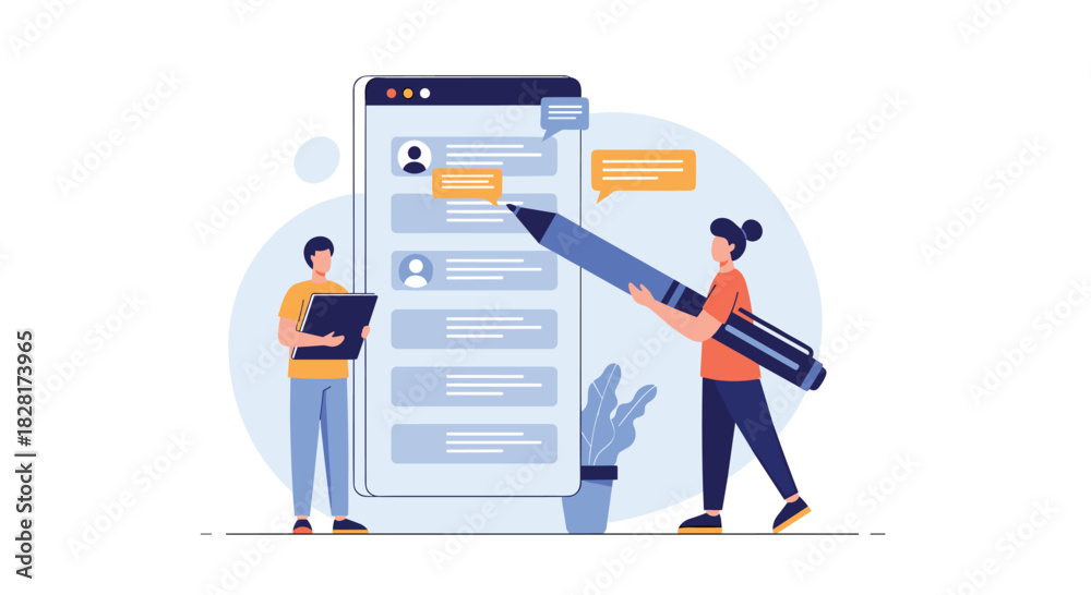 Man and woman collaborate on content for a mobile chat application with ...