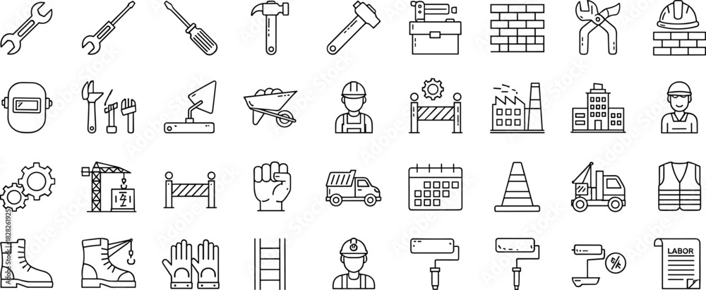 Construction Tools and Labor Equipment Line Icons Set for Industrial ...