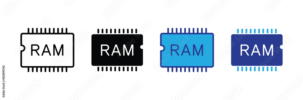 Collection of four distinct ram chips icons, each with the abbreviation ...
