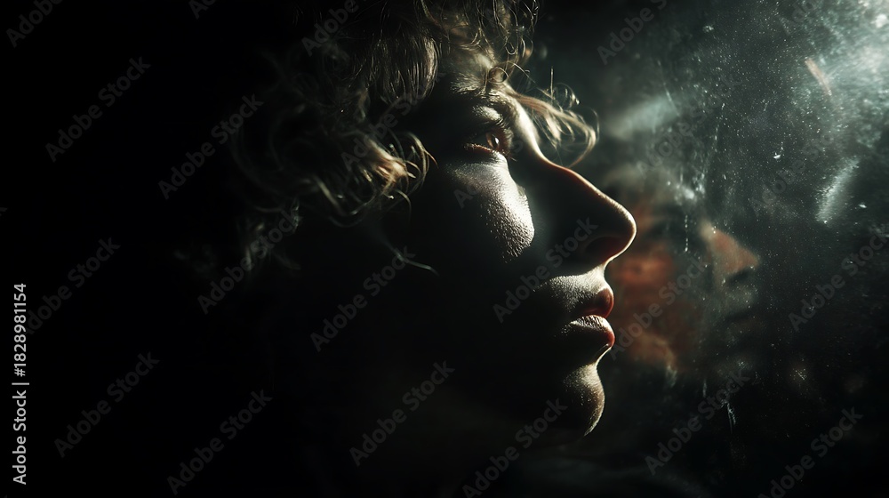 profile of a head dissolving into darkness while light and shadow ...