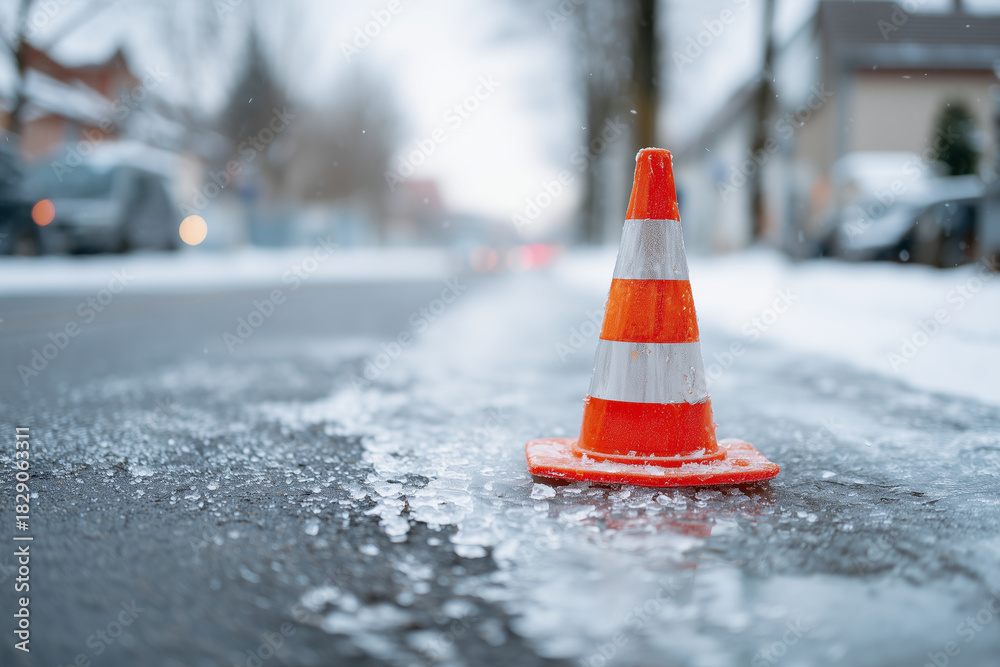 Bright warning cone placed on an icy residential sidewalk, highlighting ...