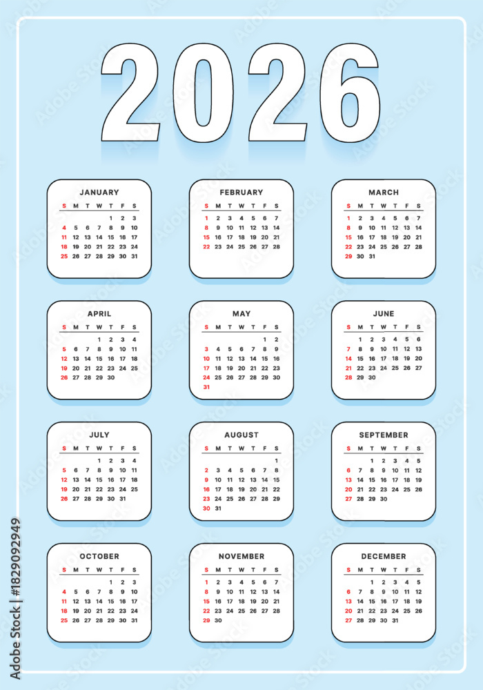 Vector 2026 Year Calendar Printable Template Stock Vector | Adobe Stock