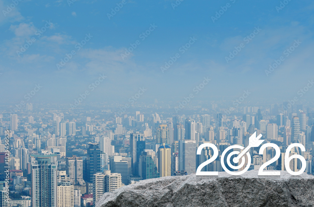 Stock-Foto „2026 letter with goal flat icon on rock mountain over ...