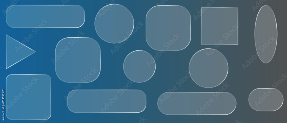 Liquid glass vector buttons and round circle in different shapes. UI ...