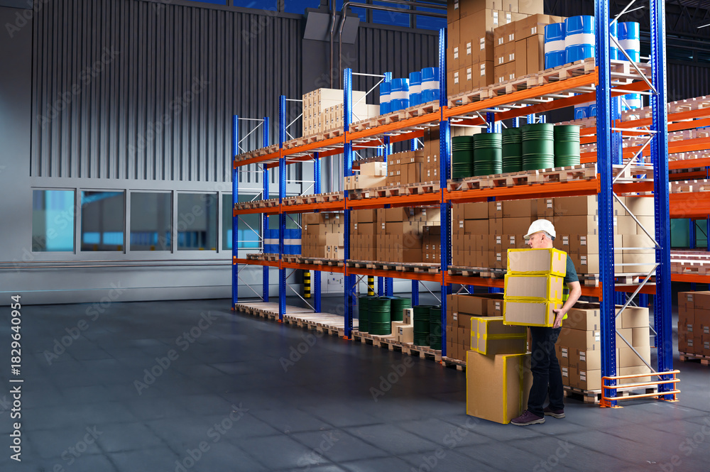 Warehouse logistics worker handles stacked cardboard boxes near stocked ...