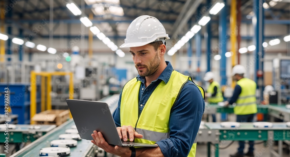 Industrial engineer using a laptop for quality control on a factory ...