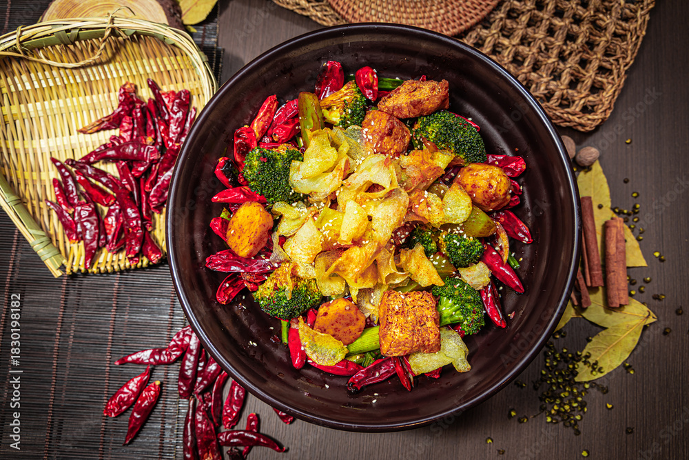 Stir-fried tofu, potato, broccoli, and chili in a dark bowl with sesame ...