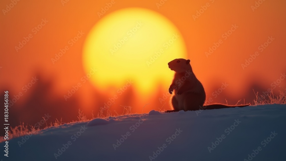 Groundhog silhouette standing on snowy hill against huge orange sunrise ...