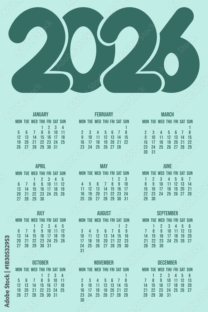 Stock-Vektorgrafik „2026 trendy color Calendar. 2026 vertical Calendar ...