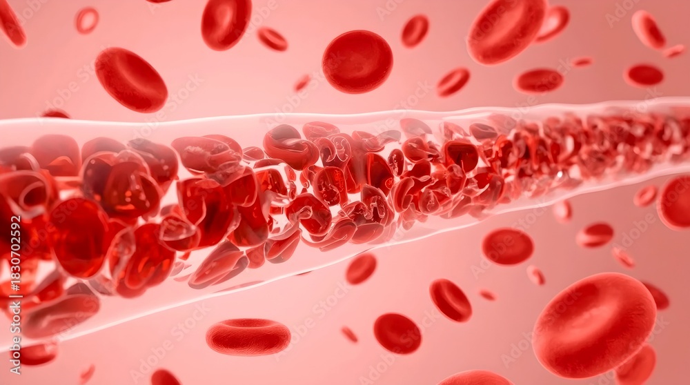 A close-up image showing red blood cells flowing through a blood vessel ...