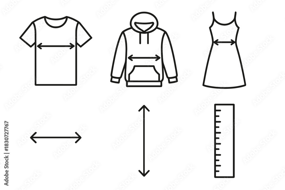 Outline icons for garment sizing and apparel measurements featuring ...