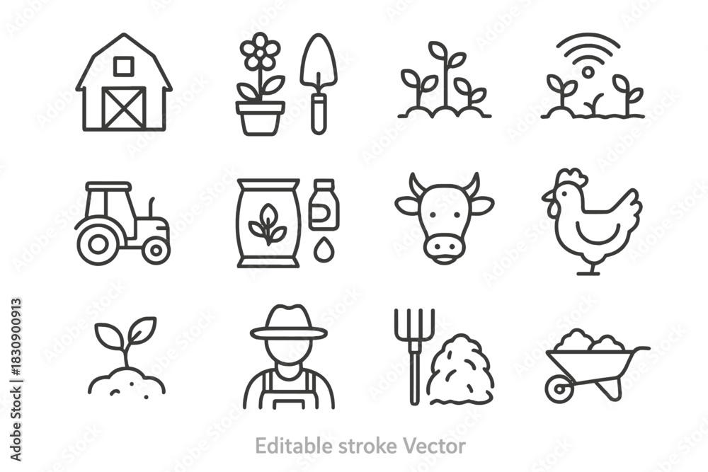 Essential farming and agriculture line symbols featuring barn, tractor ...