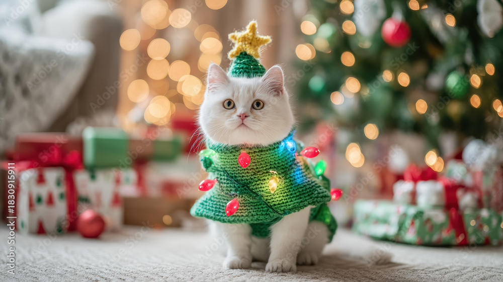 Stock-Foto „Adorable cute white kitten cat wearing festive Christmas ...