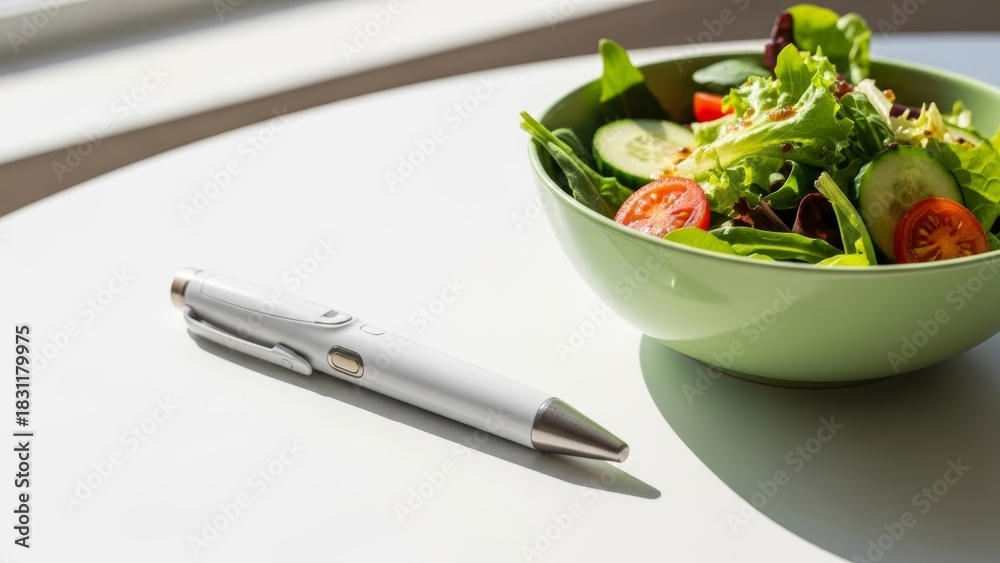 Fresh vegetable salad bowl and medical injection pen. Concept of ...