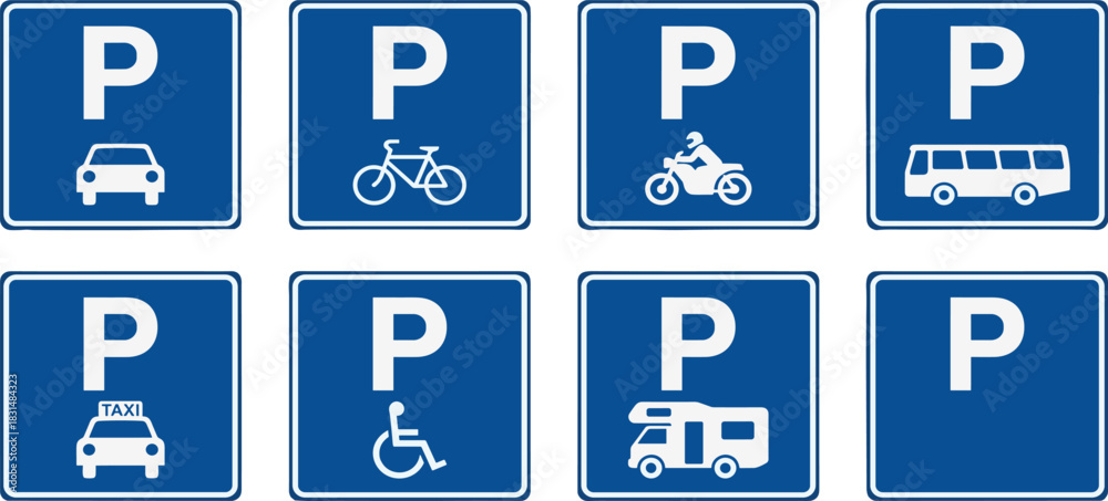 Vehicle-specific parking icon set, stylized blue signs for traffic ...