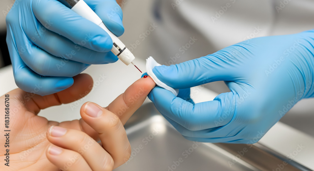 Blood glucose test being performed on a patient's finger in a medical ...