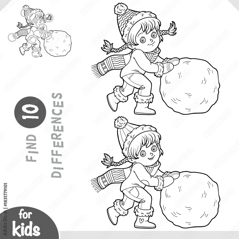 Cute girl character is building a snowman. Spot the differences game ...