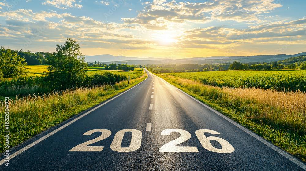 Road marking with "2025" behind and "2026" ahead, open countryside ...