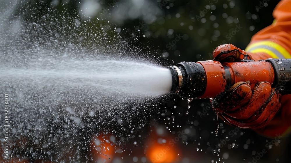 Firefighter powerfully spraying water from a hose to extinguish a fire ...