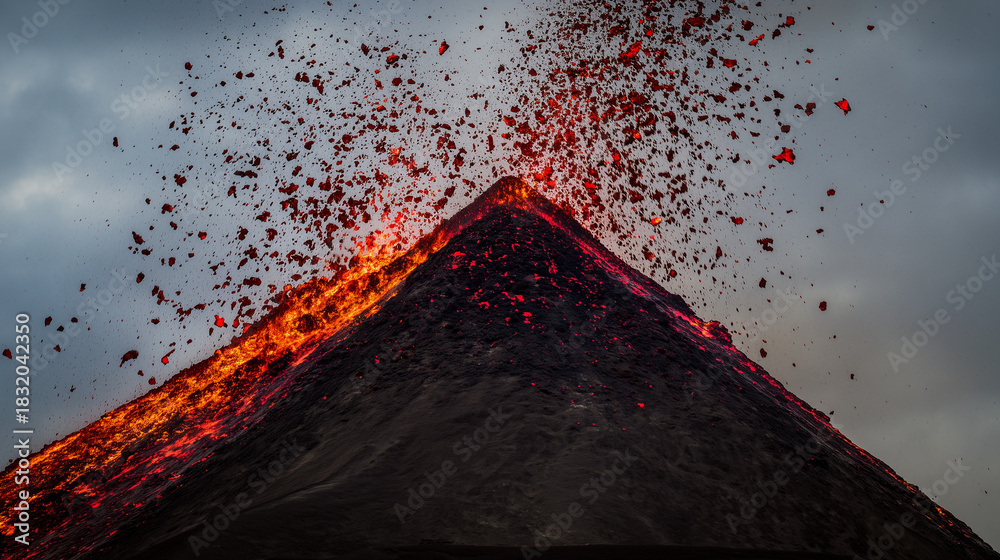 Ilustración de Stock erupting. A powerful volcano erupting with lava ...