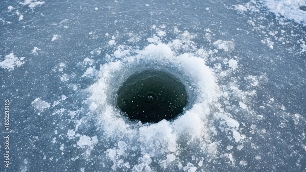 Foto Frozen lake ice fishing hole with snow on surface do Stock | Adobe ...