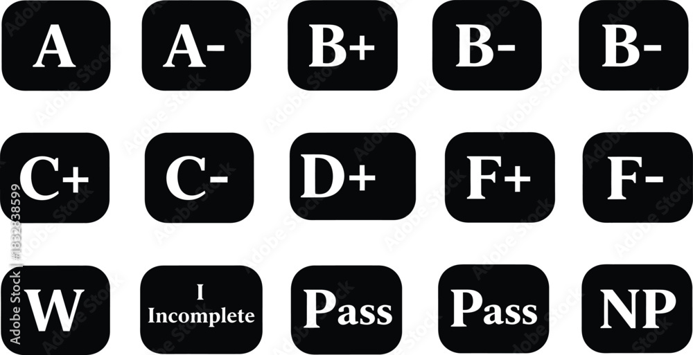 Set of black academic grading symbols including letter grades, pass ...