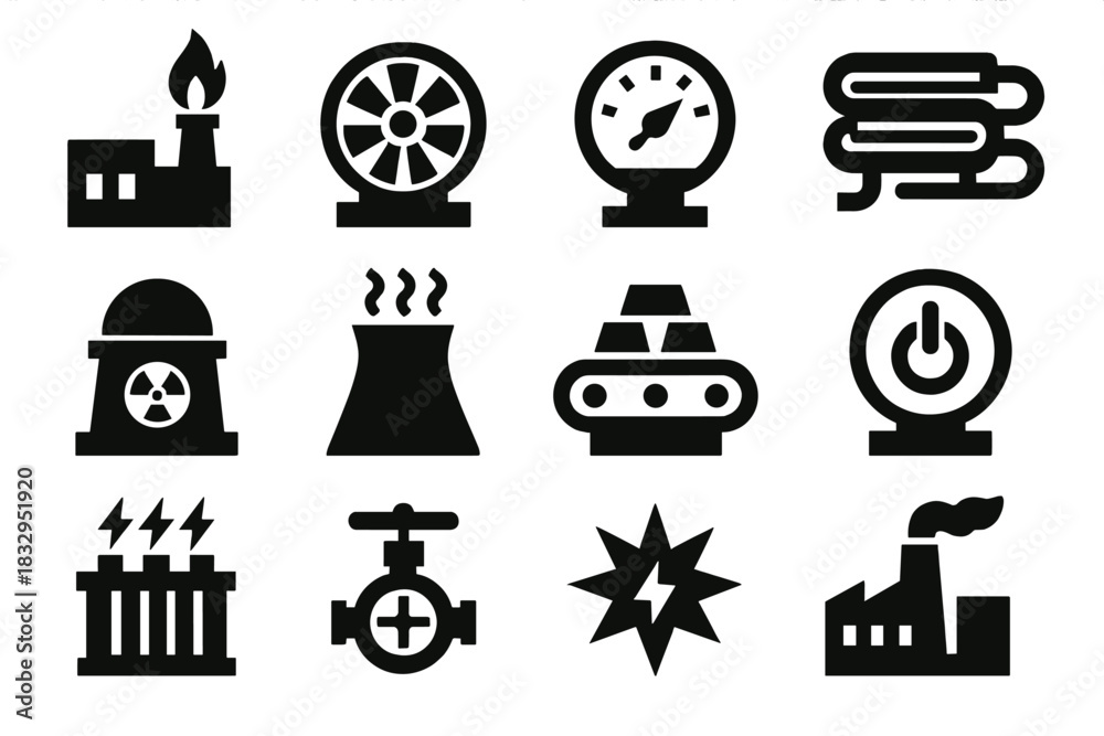 Bold Energy Icons. Industrial Energy Generation silhouette icon set ...