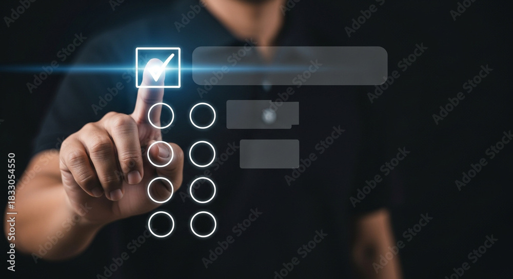 Man selects an option on a digital checklist with a glowing checkmark ...