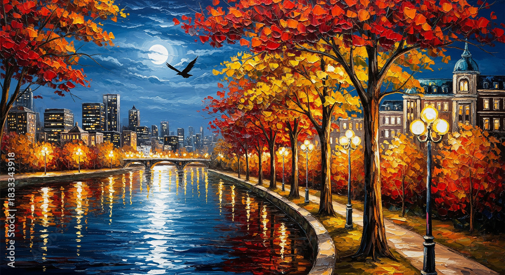 Autumn Night Cityscape with River, Moon, Bird & Colorful Trees — 3D ...