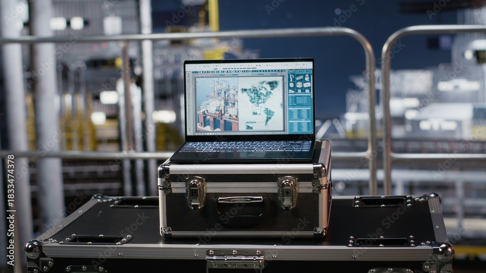 Empty offshore platform with a laptop running maintenance software to ...