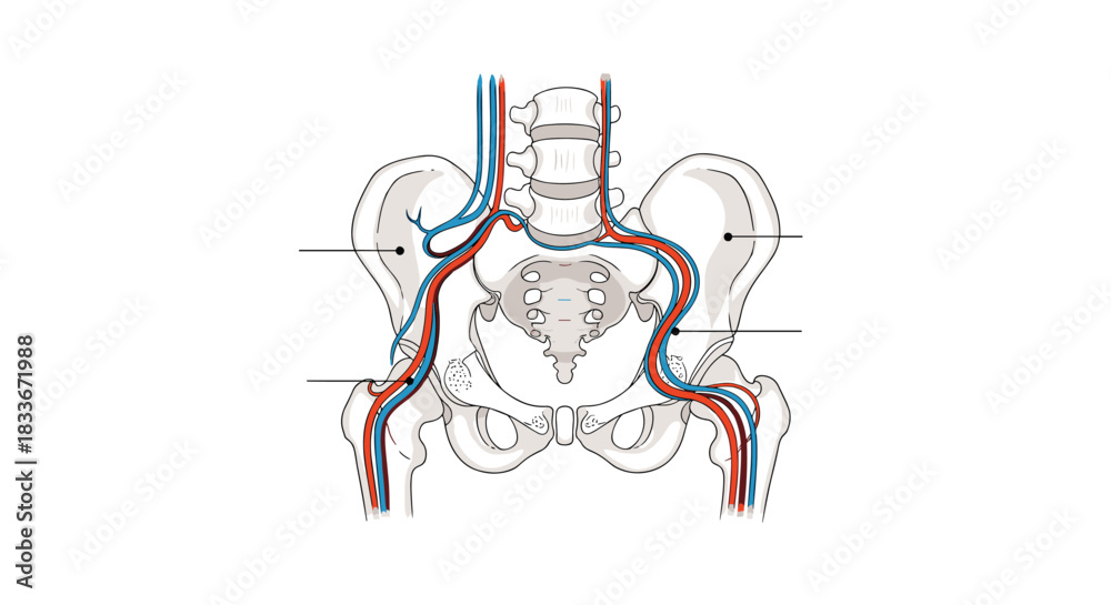 Labeled anatomical diagram of the human pelvic region showing the ...